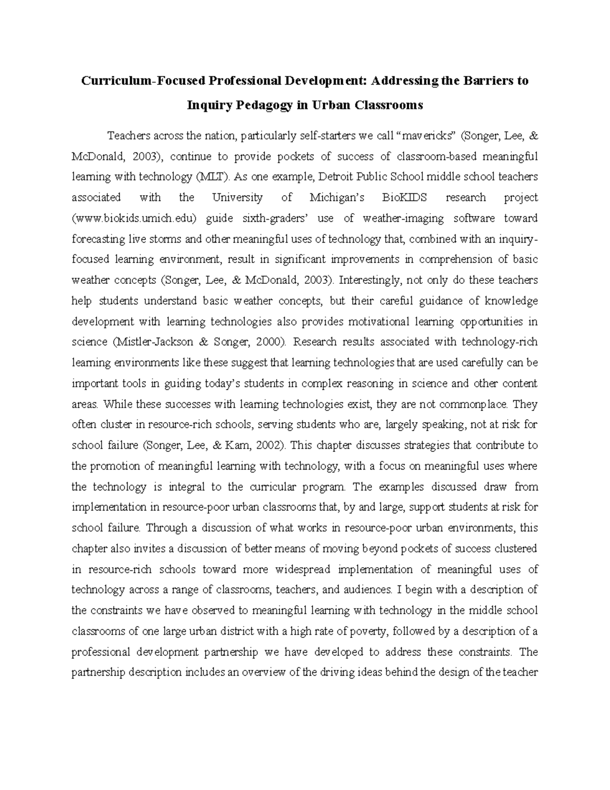 Curriculum Focused Professional Development Addressing the Barriers ...