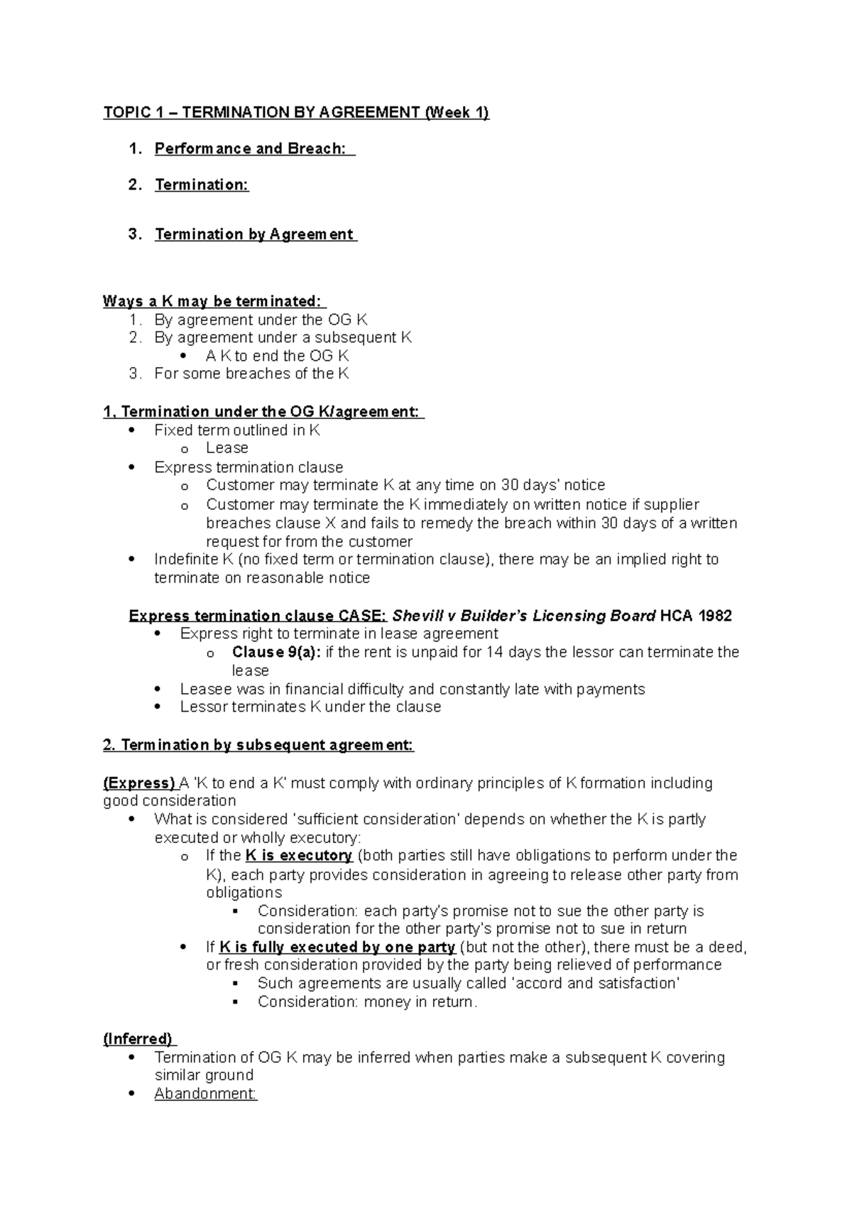 CB Notes Week 1 - TOPIC 1 – TERMINATION BY AGREEMENT (Week 1) 1 ...