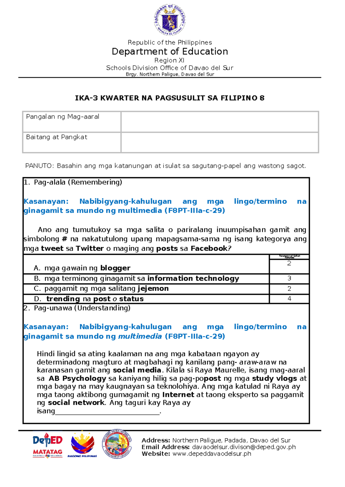 TQ FIL8 Q3 Adjusted - fil - Address: Northern Paligue, Padada, Davao ...