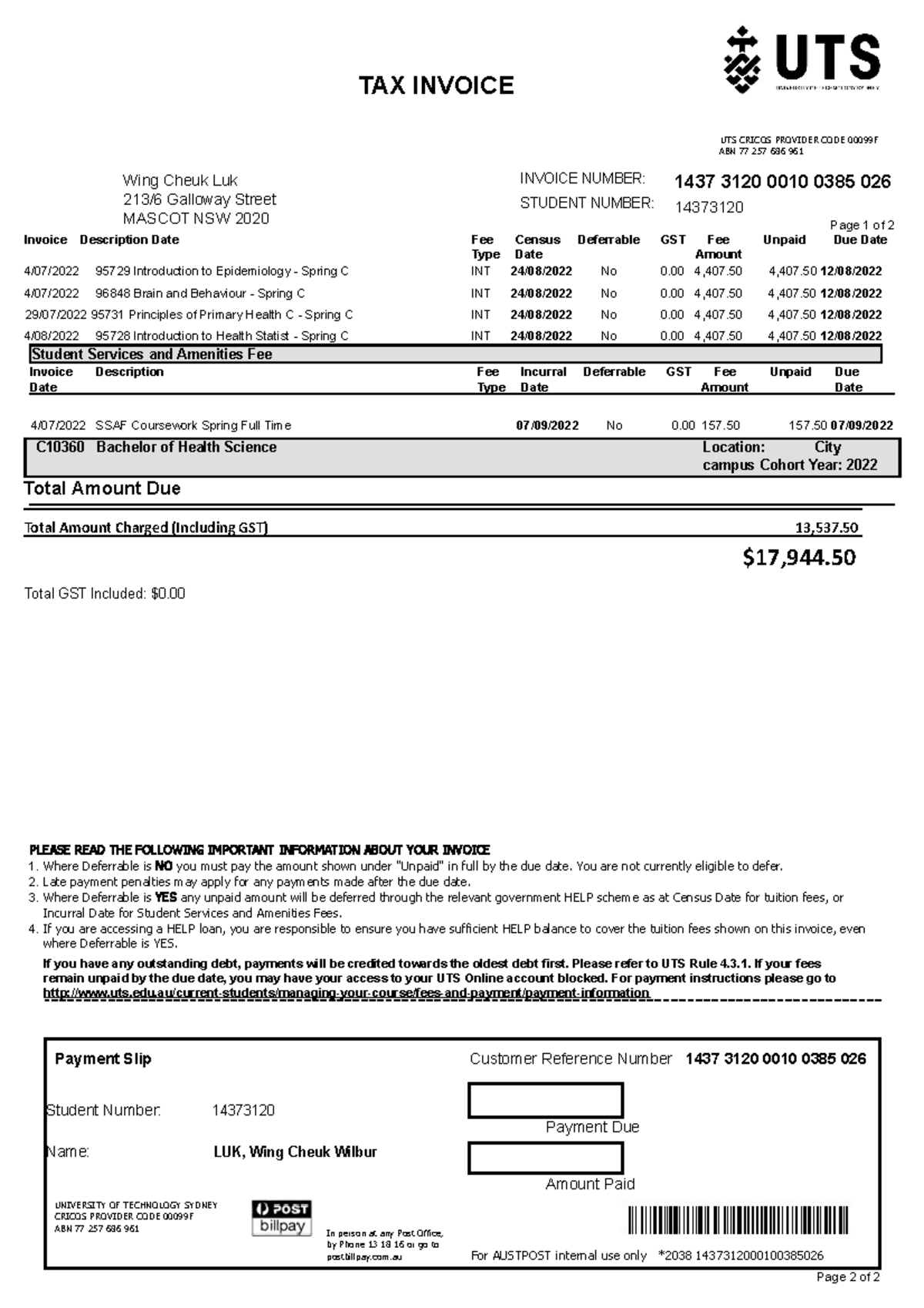 Hrthrh - enjou - TAX INVOICE UTS CRICOS PROVIDER CODE 00099F ABN 77 257 ...