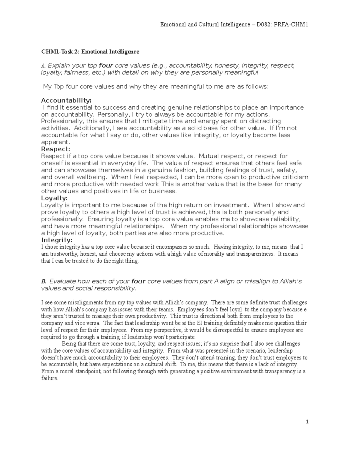 CHM1 - Task 2 - Task 2 - Emotional and Cultural Intelligence – D082 ...