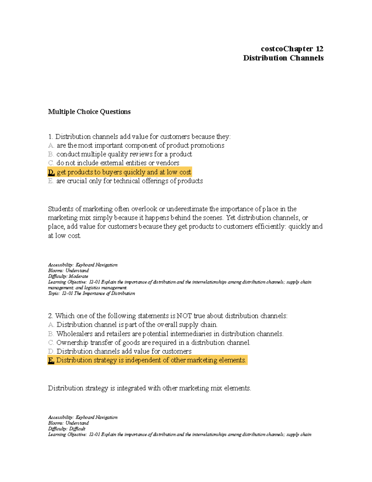 Chap012 - fall - costcoChapter 12 Distribution Channels Multiple Choice ...