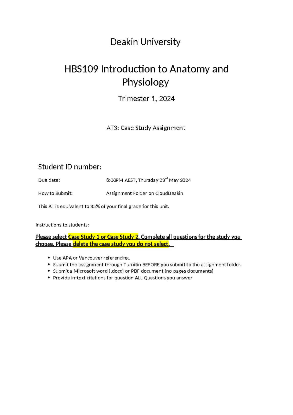 AT3 Template 2 - Deakin University HBS109 Introduction to Anatomy and ...