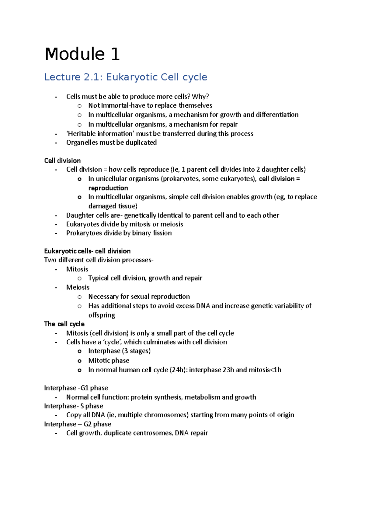 Module 1 gentics - Module 1 Lecture 2: Eukaryotic Cell cycle Cells must ...