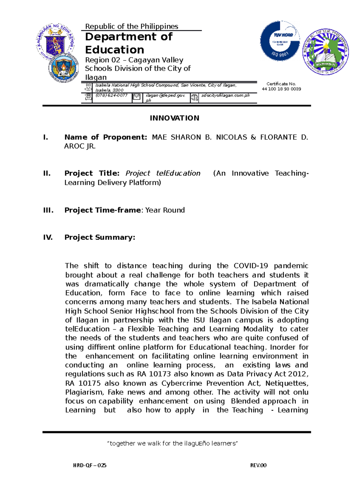 Innovation Project Proposal format - Republic of the Philippines ...