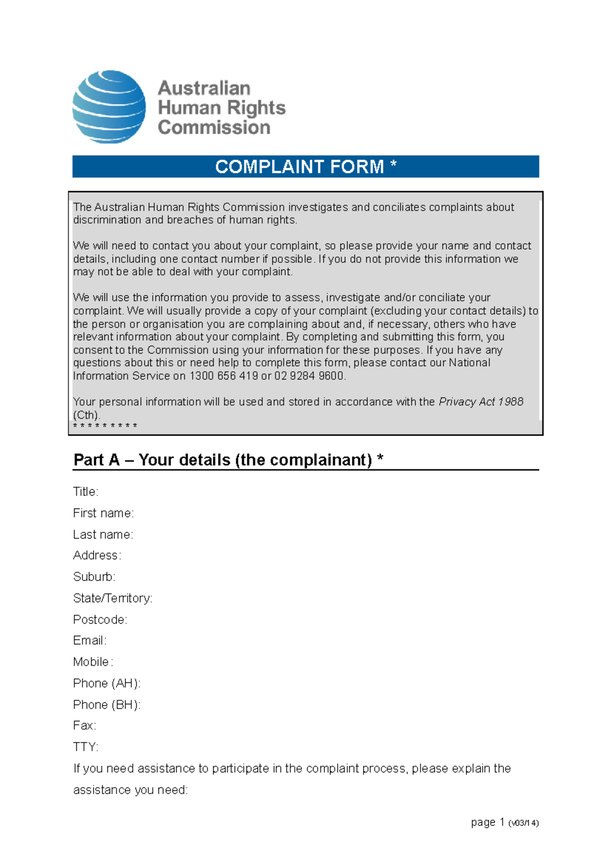 AHRC Complaint form LSM-1 - COMPLAINT FORM * The Australian Human ...