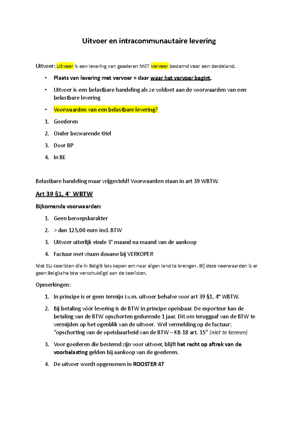 Samenvatting Uitvoer en intracommunautaire levering - Uitvoer en ...