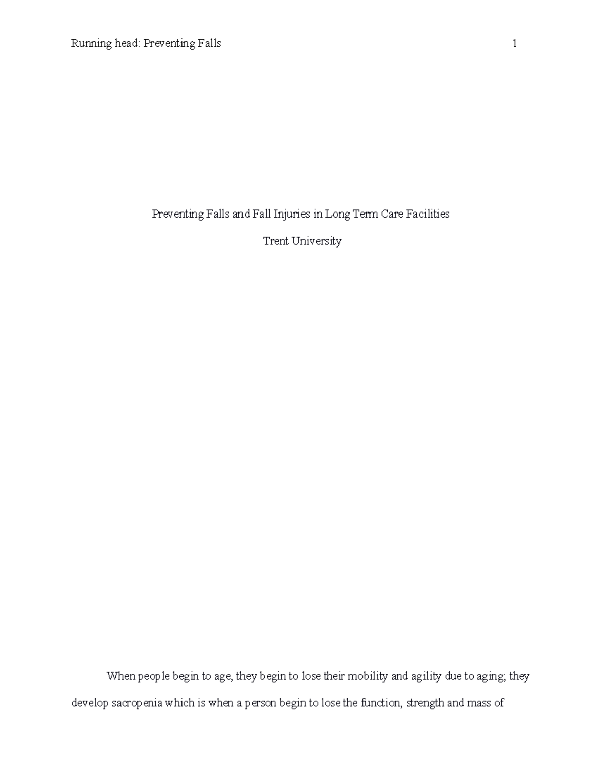 1002termpaper - falls and LTC: preventing falls in LTC - Preventing ...