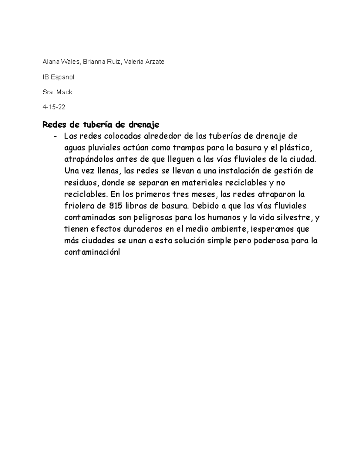 Redes de Tuberia De Drenja - Alana Wales, Brianna Ruiz, Valeria Arzate ...