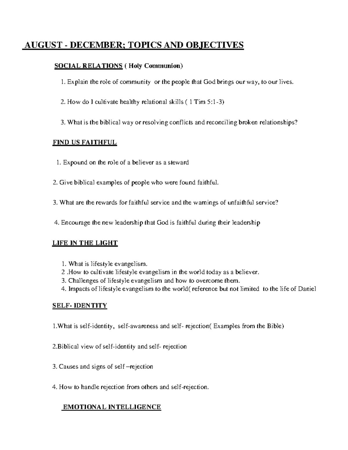 August- December Topics AND Objectives-1 - AUGUST - DECEMBER; TOPICS ...