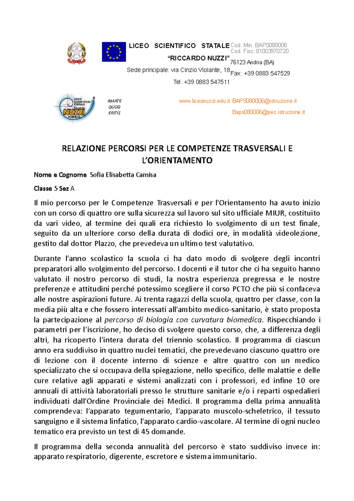Relazione PCTO - LICEO SCIENTIFICO STATALE “RICCARDO NUZZI” Sede ...