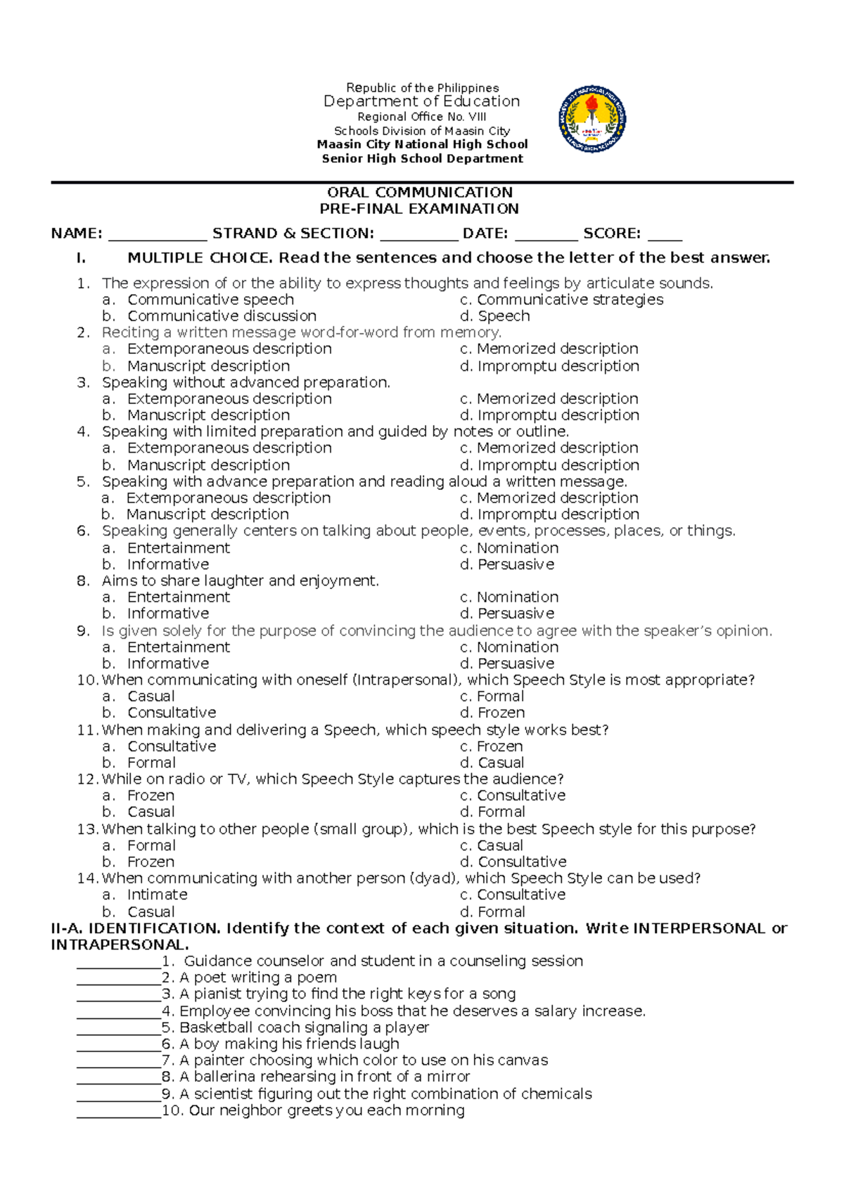 Prefinal EXAM - PREFI - Republic of the Philippines Department of ...