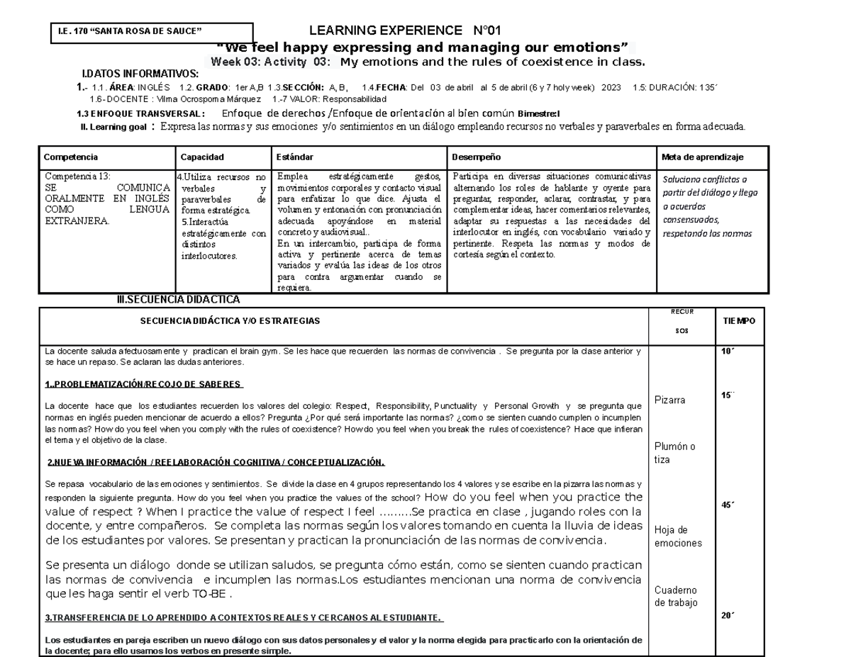 Session English N°3 -5° A,B-2023 - LEARNING EXPERIENCE N° “We feel ...