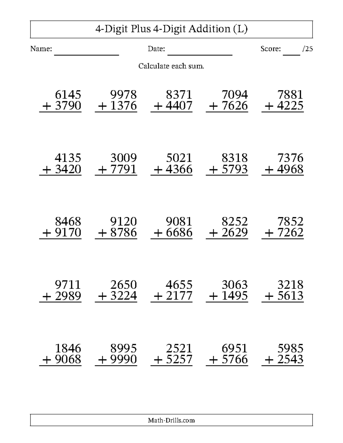 Addition 4digit 4digit 012 - 4-Digit Plus 4-Digit Addition (L) Name ...