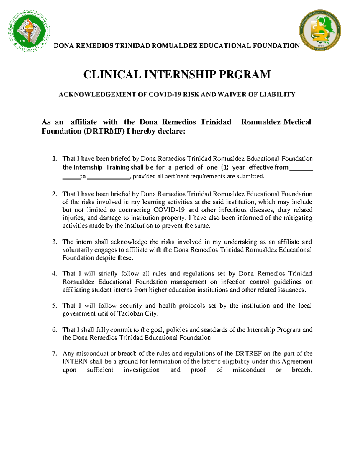 5.2. Drtref Undertaking - DONA REMEDIOS TRINIDAD ROMUALDEZ EDUCATIONAL FOUNDATION CLINICAL - Studocu