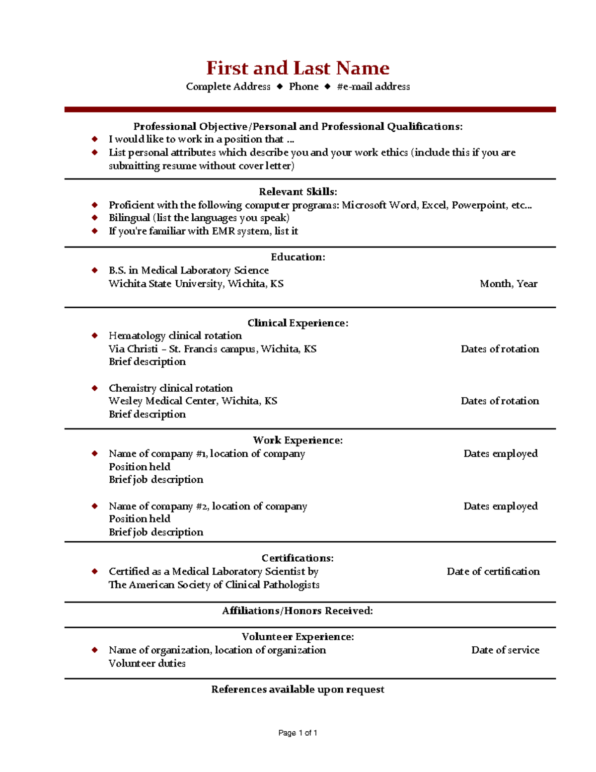 Example - Resume format #2 - First and Last Name Complete Address Phone ...