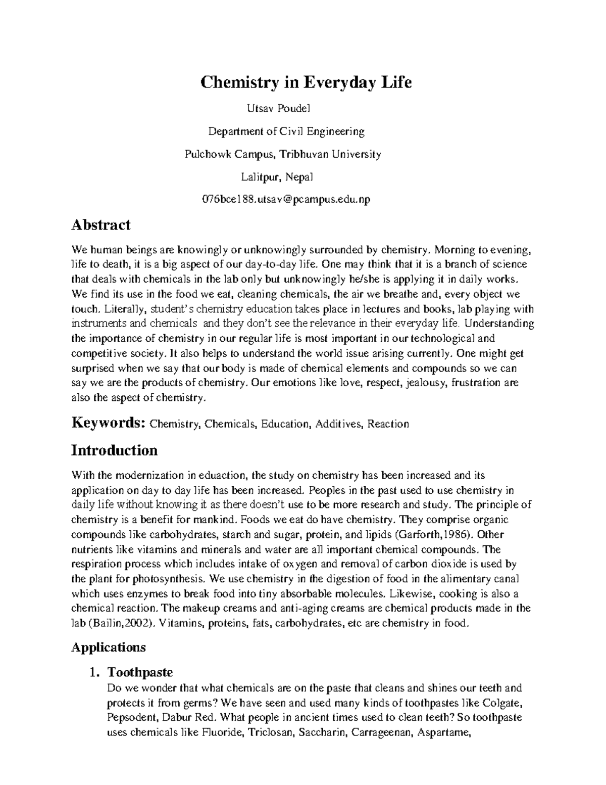 Importance of chemistry - Chemistry in Everyday Life Utsav Poudel ...