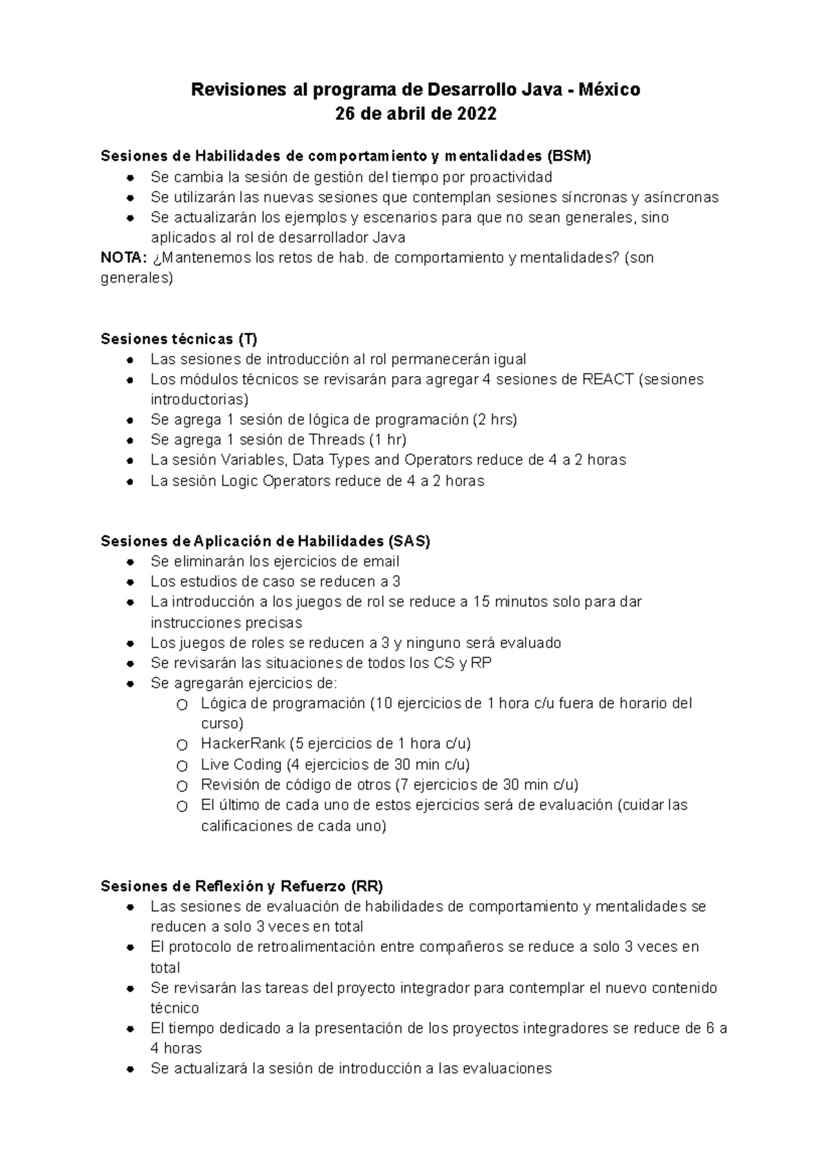 Resumen de revisiones al contenido del programa de Desarrollo Java ...