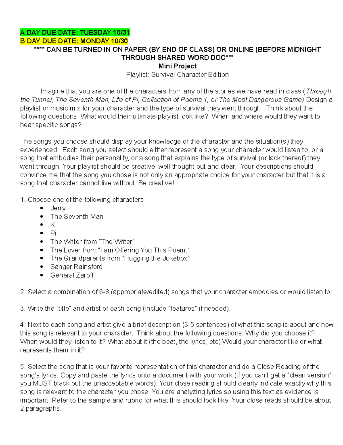 Unit 2- Survival Playlist Mini Project - A DAY DUE DATE: TUESDAY 10/ B ...