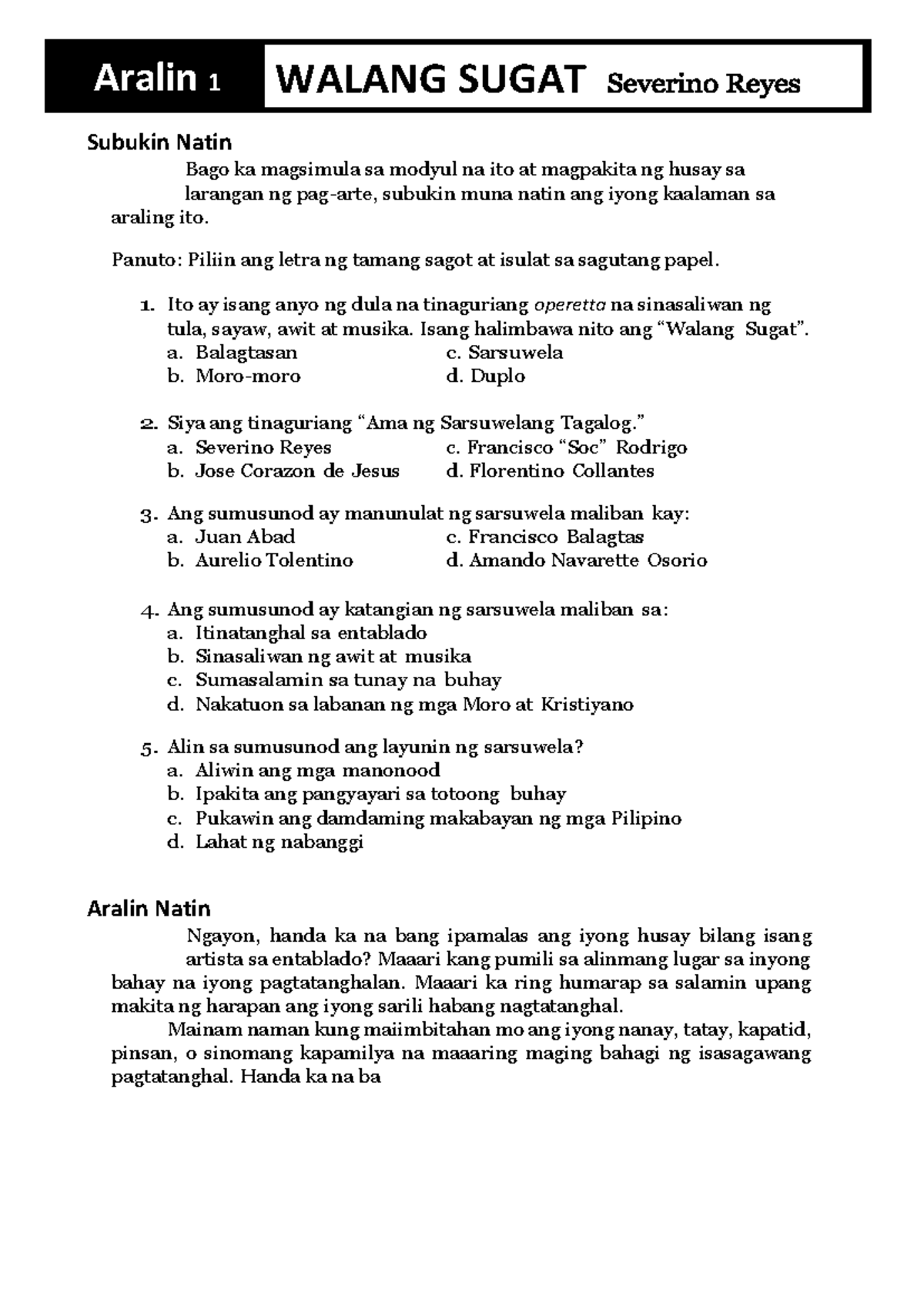 Sarswela - Subukin Natin Bago ka magsimula sa modyul na ito at ...