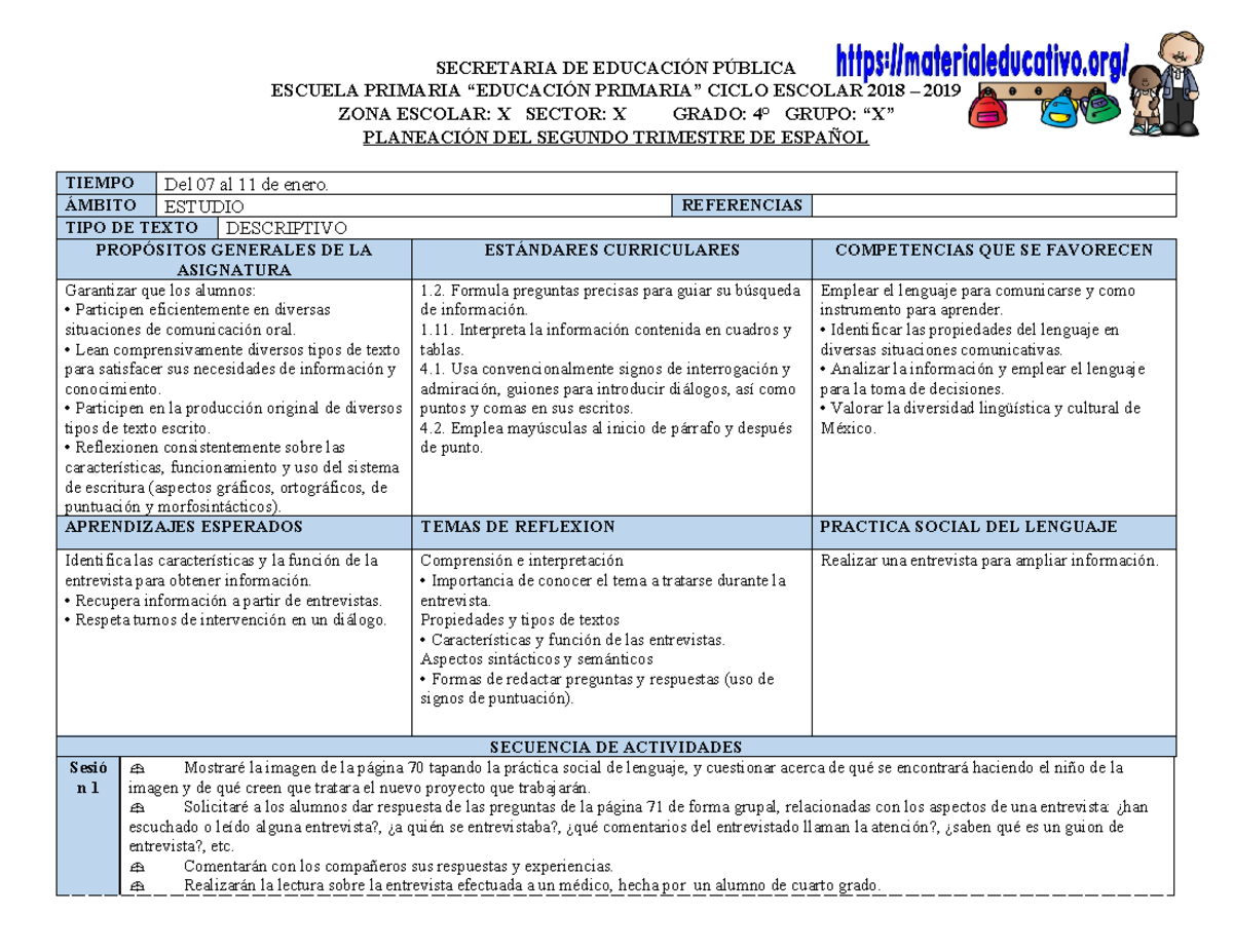 01 Planea 4to Grado 2do Trimestre 18-19 - SECRETARIA DE EDUCACIÓN ...