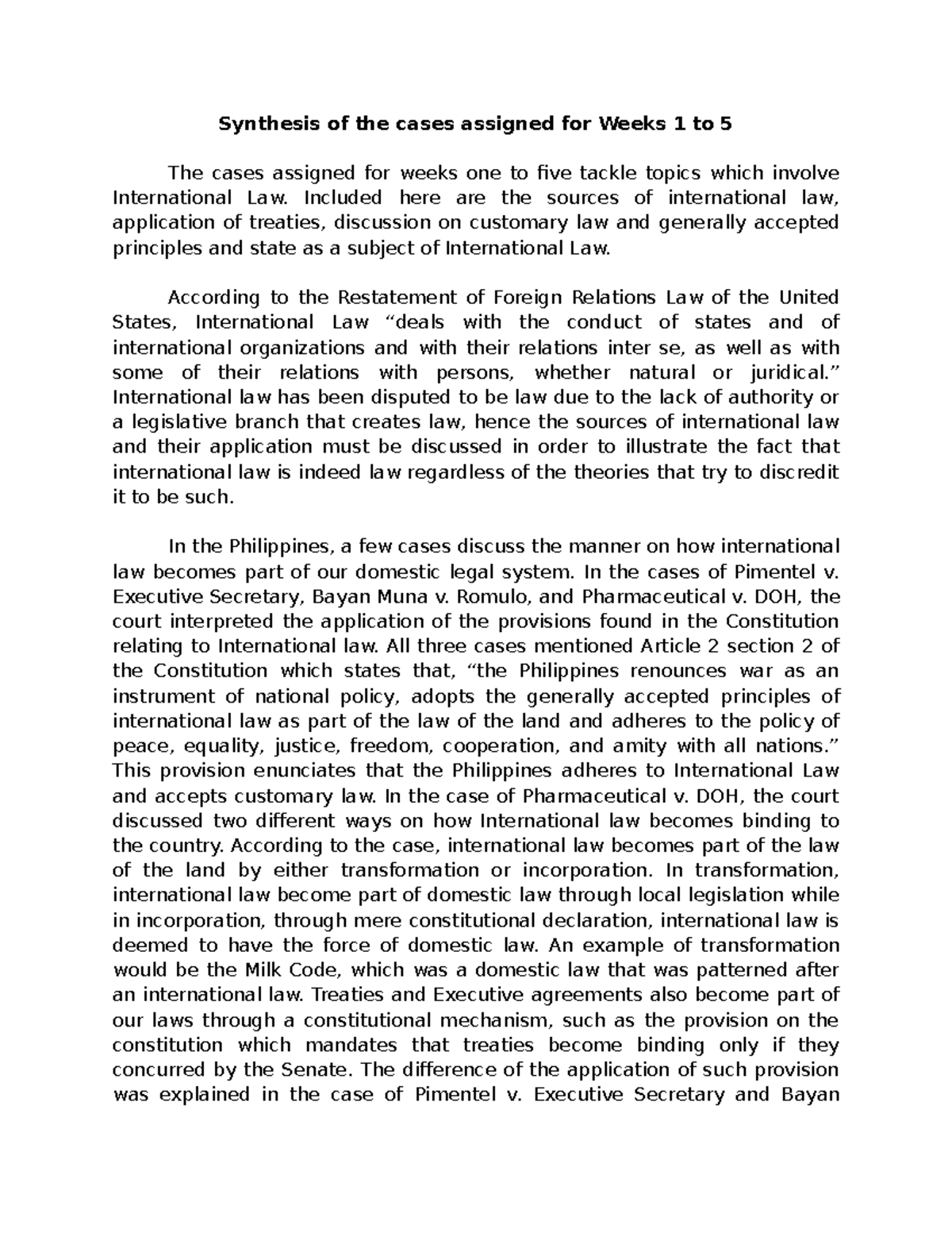 Synthesis of the cases assigned for Weeks 1 to 5 - Included here are ...