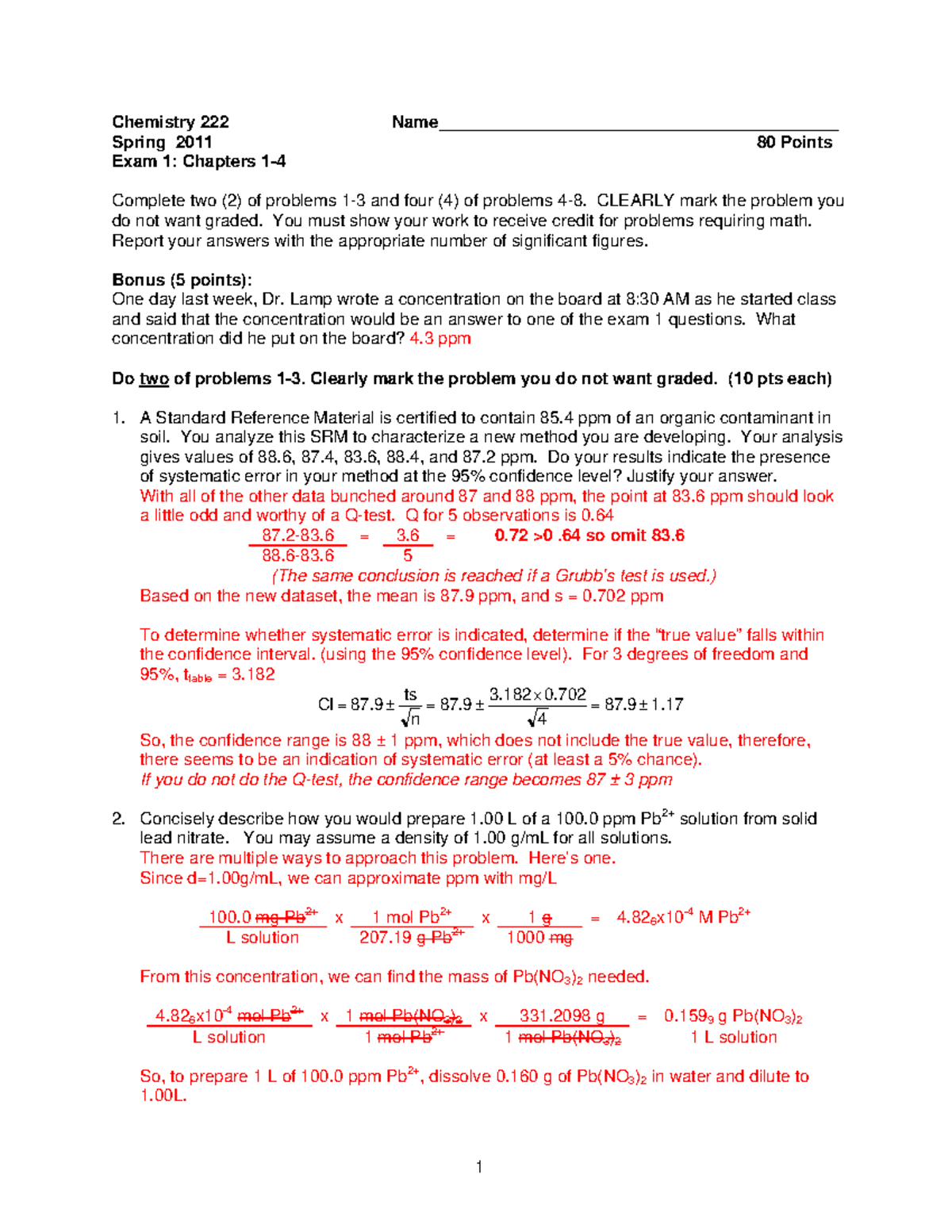 A-chem Exam-1-Key5 - exam - Chemistry Spring 2011 Exam 1: Chapters 80 ...