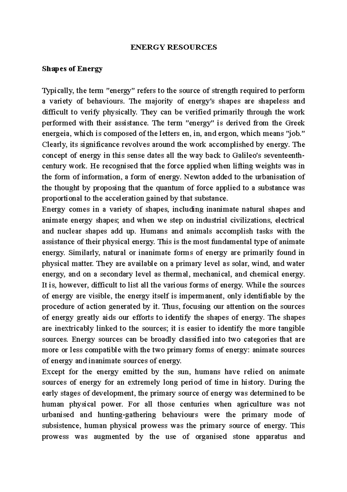 Energy Resources - Lecture notes 3 - ENERGY RESOURCES Shapes of Energy ...