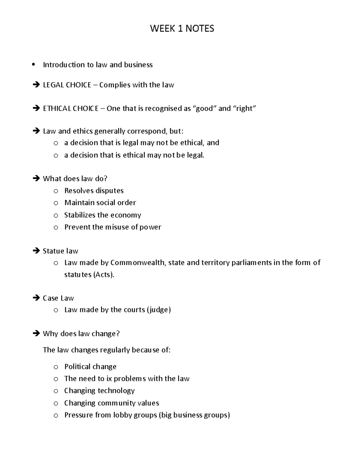 Week 1 - Lecture note 1 - WEEK 1 NOTES Introduction to law and business ...