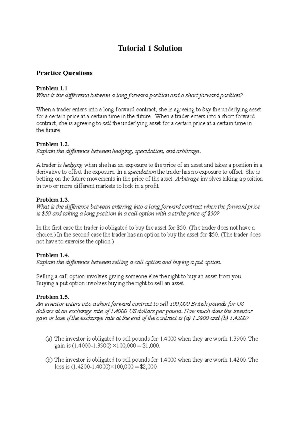 Tutorial 1 Solutions - Tutorial 1 Solution Practice Questions Problem 1 ...