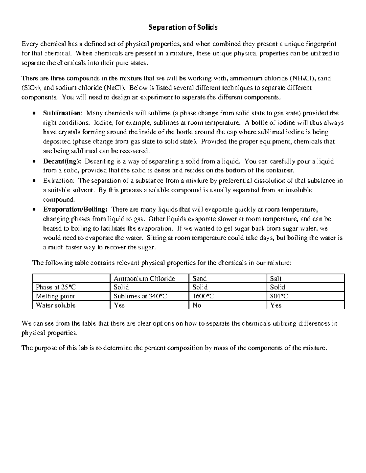 Lab 3 Separation of Solids - Separation of Solids Every chemical has a defined set of physical ...