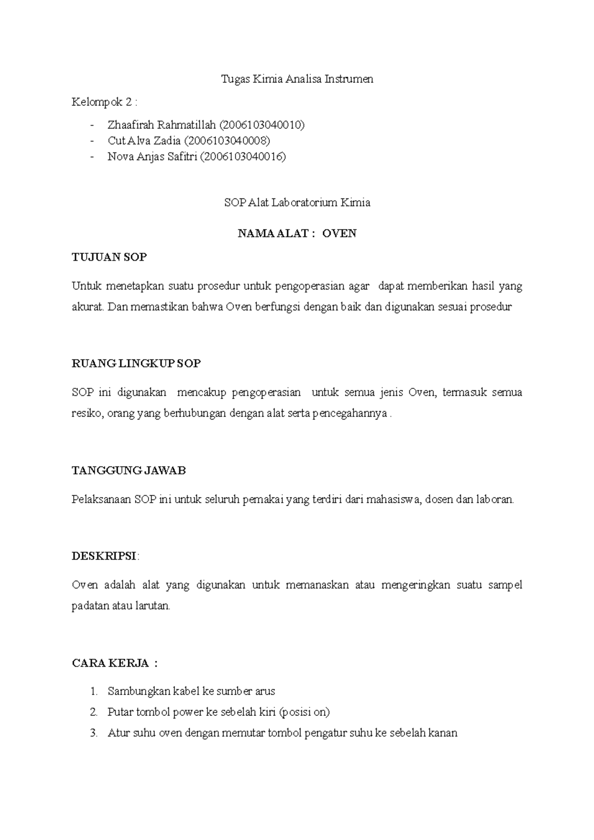 Tugas SOP Klp 2 - Tugas Kimia Analisa Instrumen Kelompok 2 : Zhaafirah ...