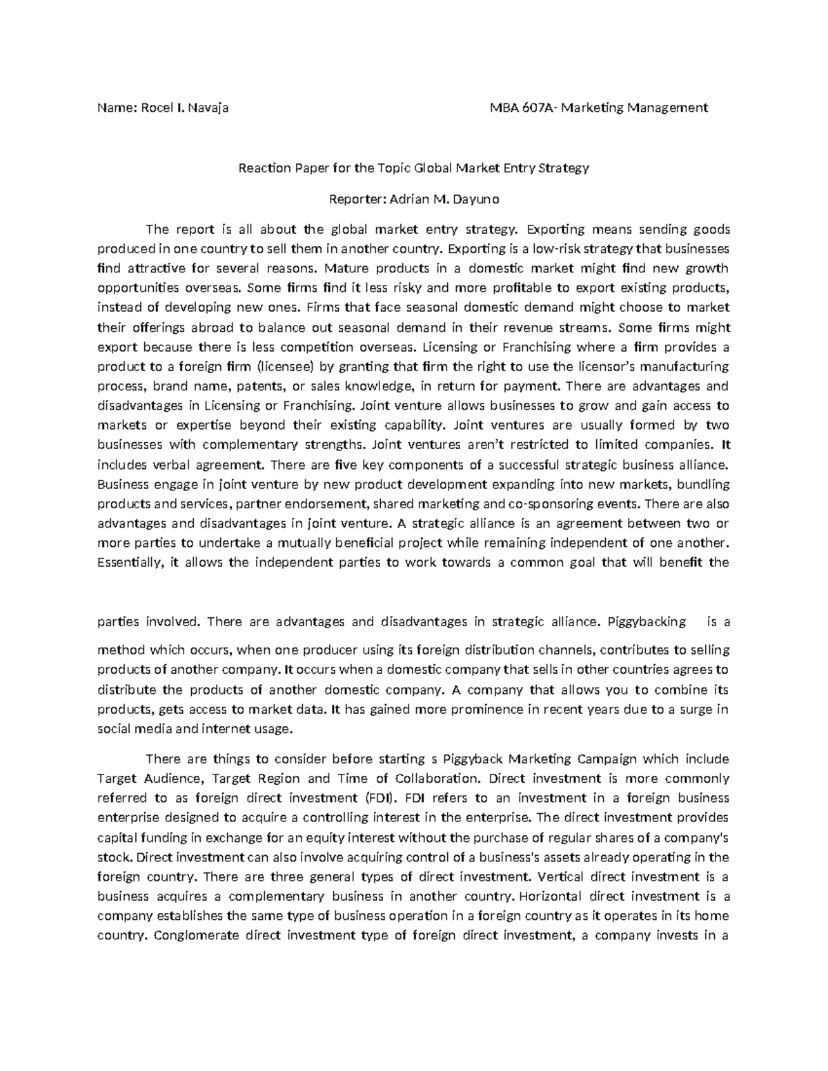 Global Market Entry Strategy Reaction Paper - Name: Rocel I. Navaja MBA ...
