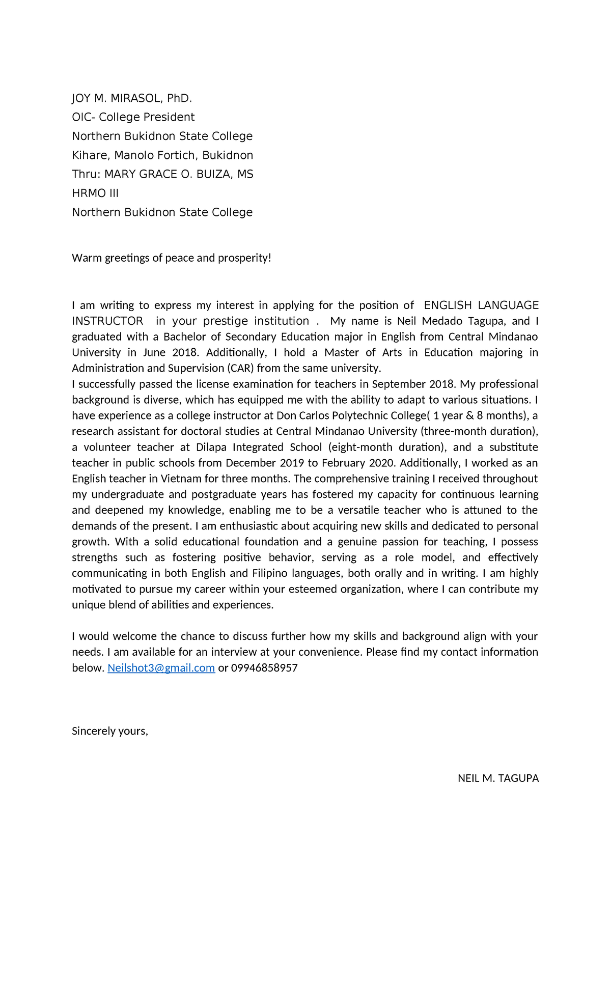 Application letter - informative - JOY M. MIRASOL, PhD. OIC- College ...