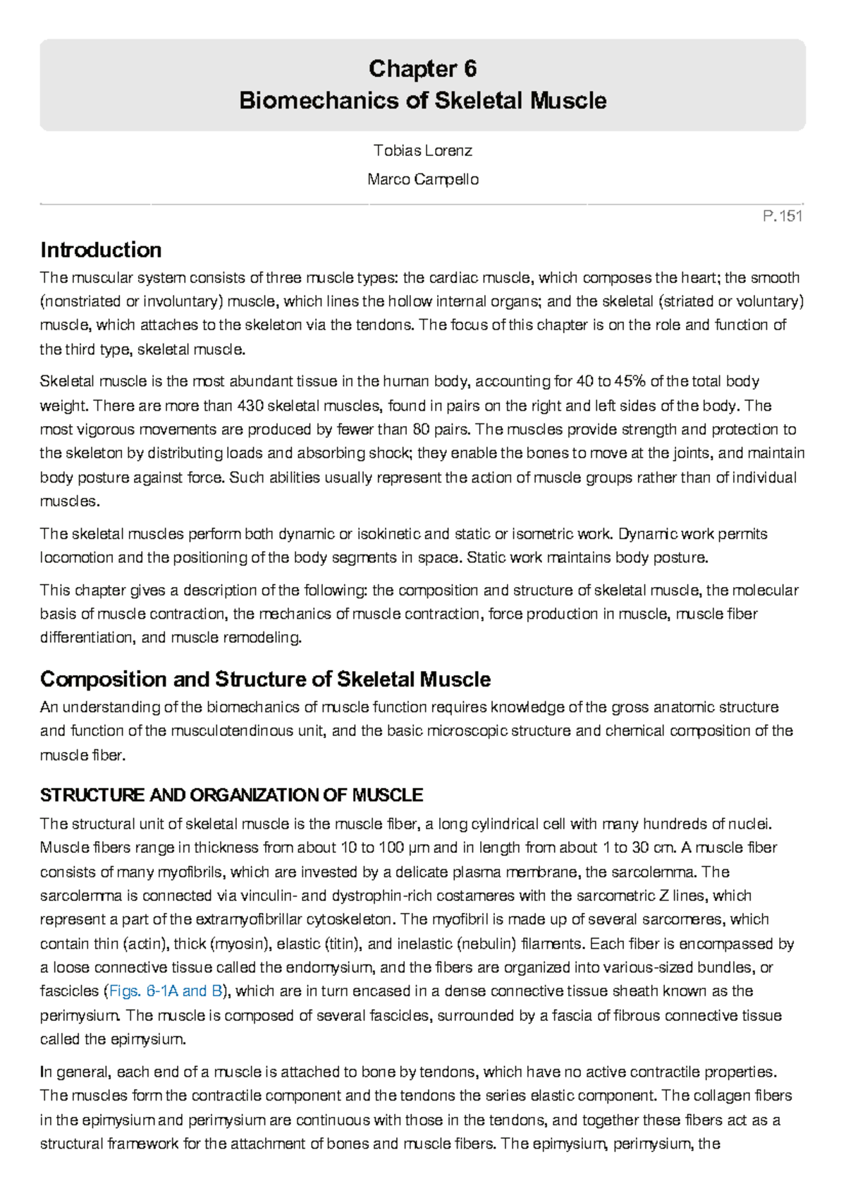 Skeletal muscle - reading - P. Chapter 6 Biomechanics of Skeletal ...