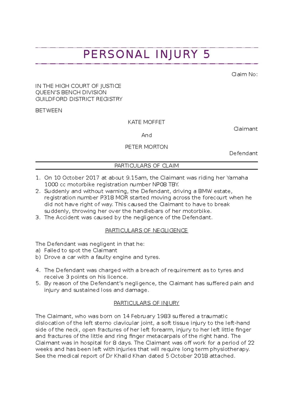 Personal Injury & Clinical Negligence - Workshop 5 - PERSONAL INJURY 5 ...