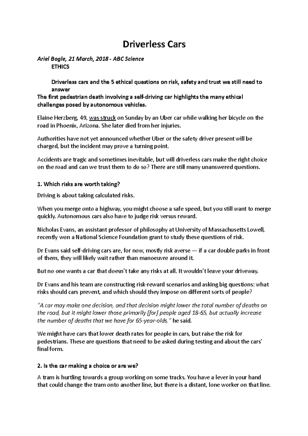 Driverless Cars - Driverless Cars Ariel Bogle, 21 March, 2018 - ABC ...