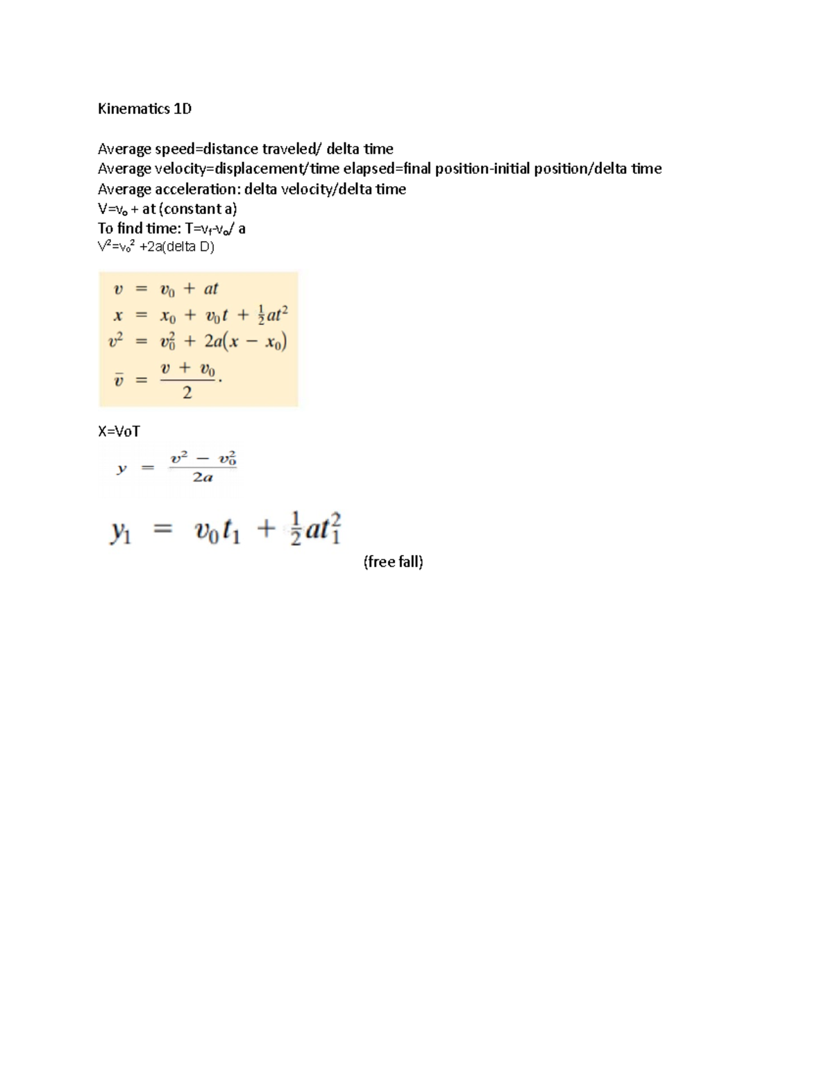 Physics mini sheet - Kinematics 1D Average speed=distance traveled ...