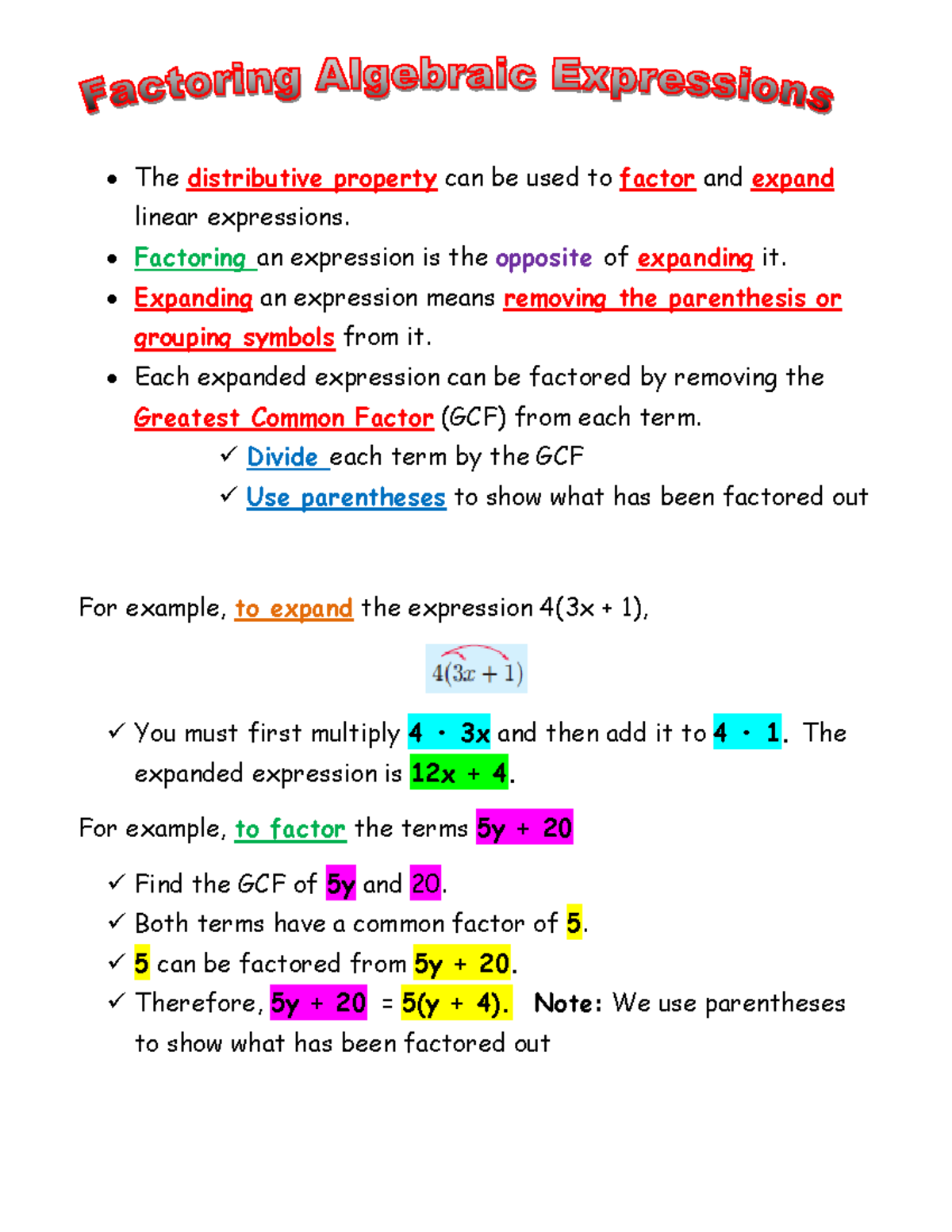 Factoring notes For beginners study guide on 123 - The distributive ...