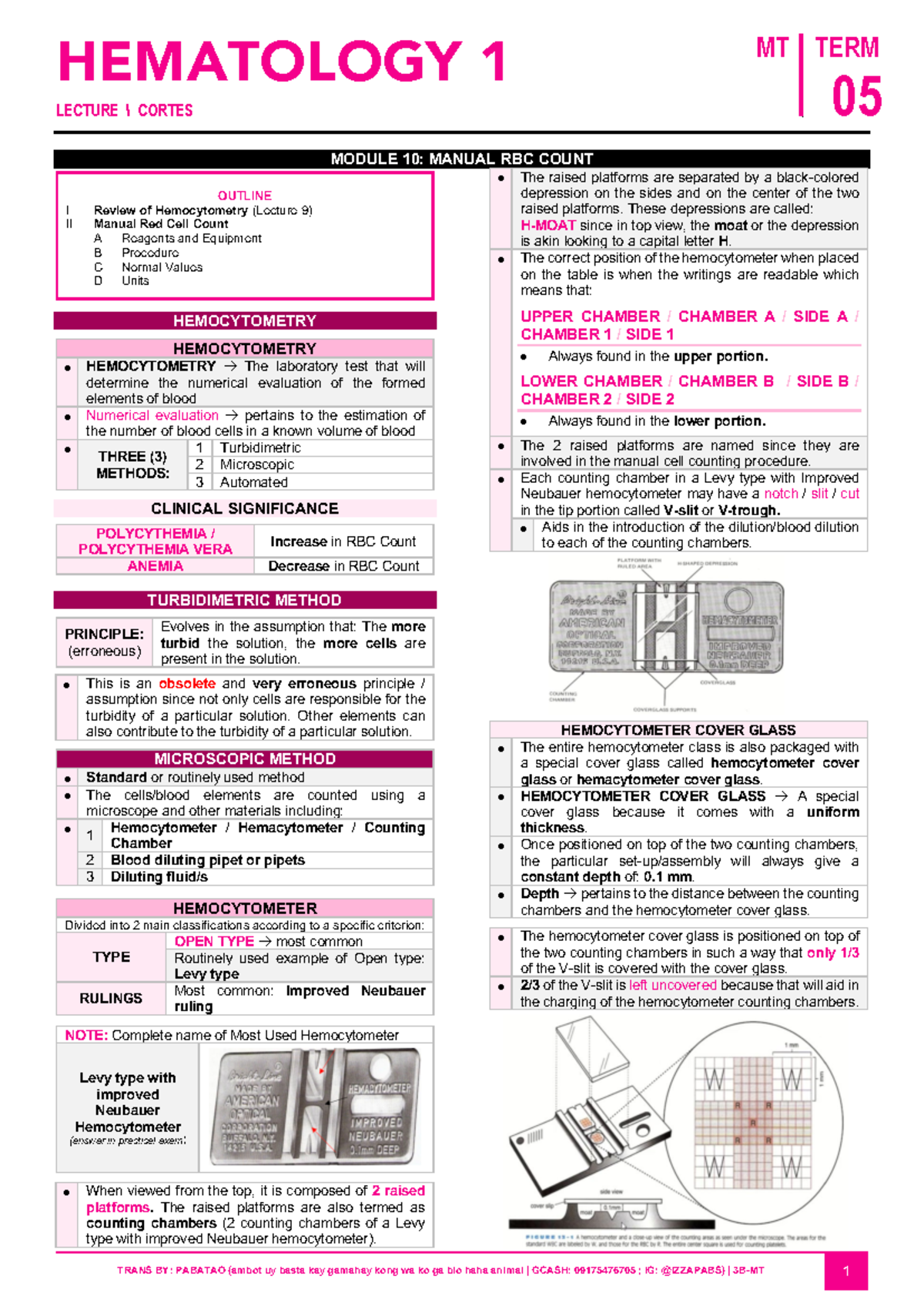 HEMA1 - MT113 - Lecture 10 - Manual RBC Count - TRANS BY: PABATAO ...