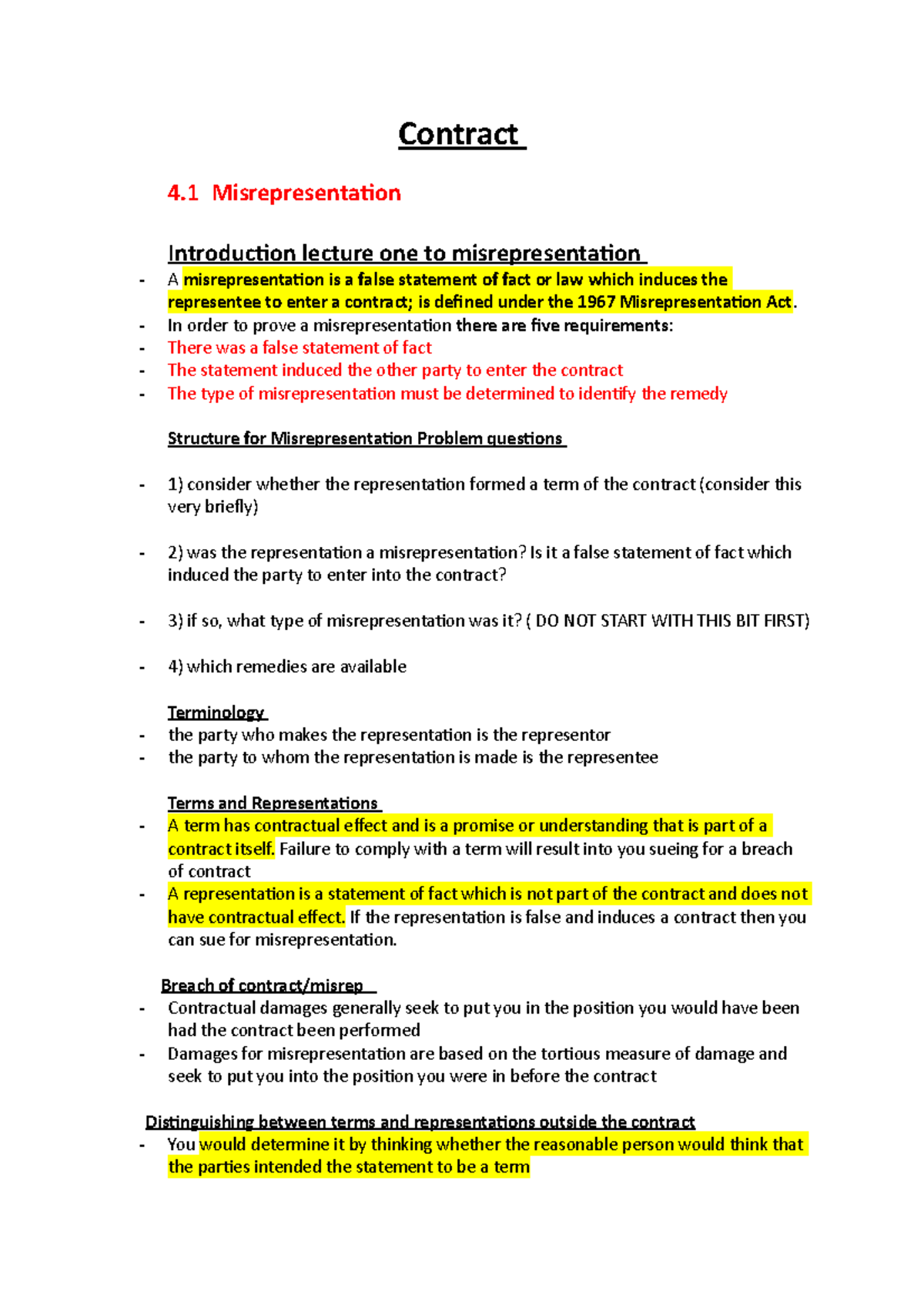 4.1 Misrepresentation - Contract 4 Misrepresenta琀椀on Introduc琀椀on ...