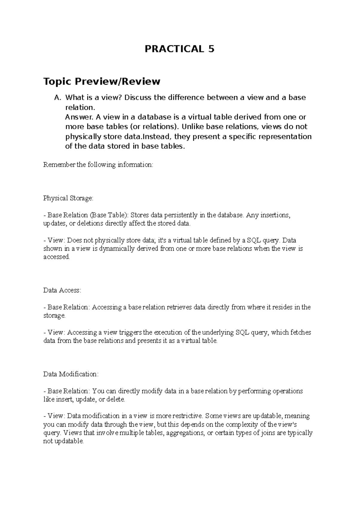 Practical 5 - database - PRACTICAL 5 Topic Preview/Review A. What is a ...