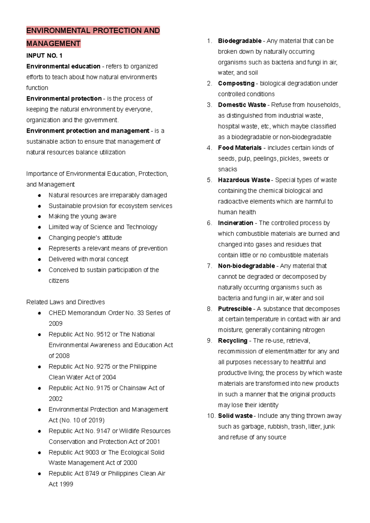 NSTP - nstp finals reviewer - ENVIRONMENTAL PROTECTION AND MANAGEMENT ...