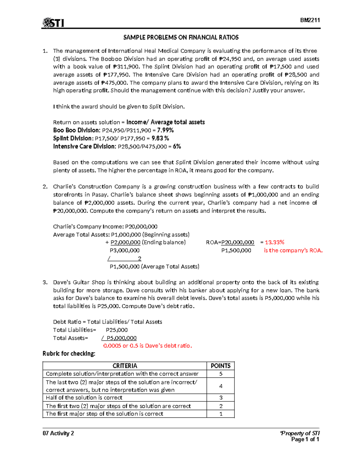 07 Activity 2 - assignment - SAMPLE PROBLEMS ON FINANCIAL RATIOS 1. The ...