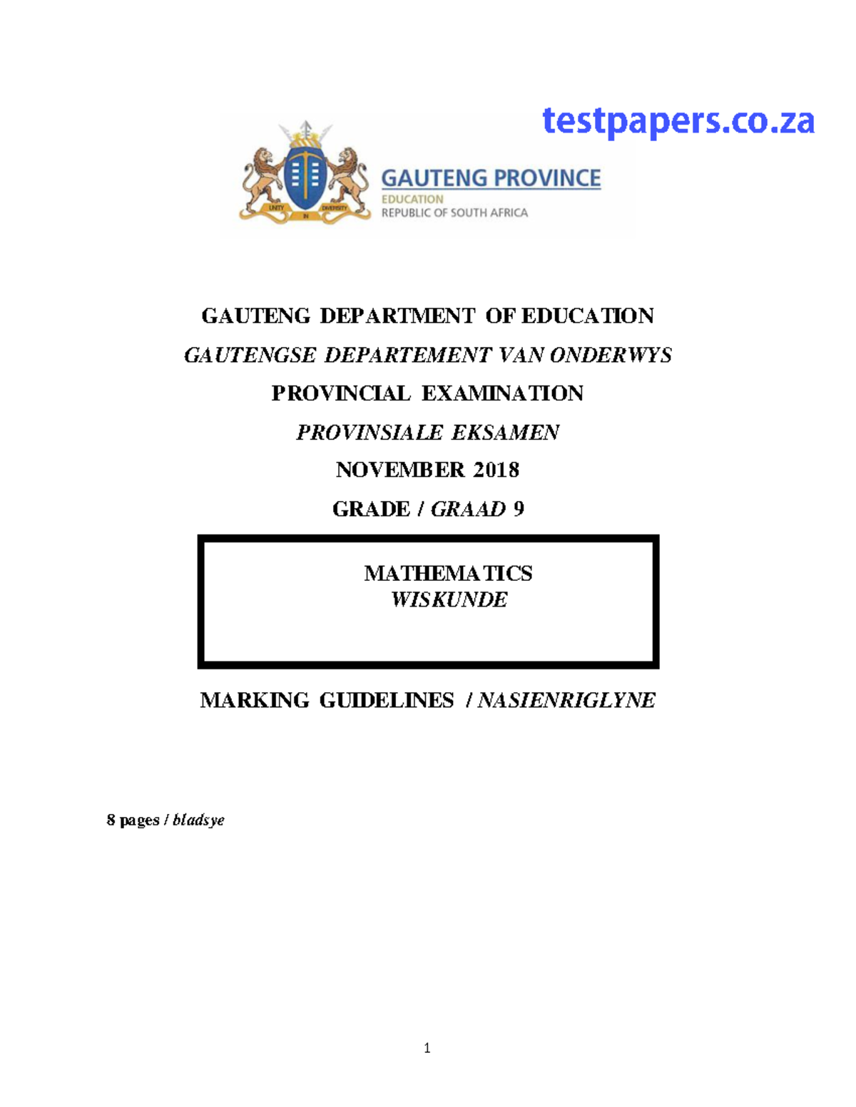 Gr9 Math (English) November 2018 Possible Answers - GAUTENG DEPARTMENT OF EDUCATION GAUTENGSE ...