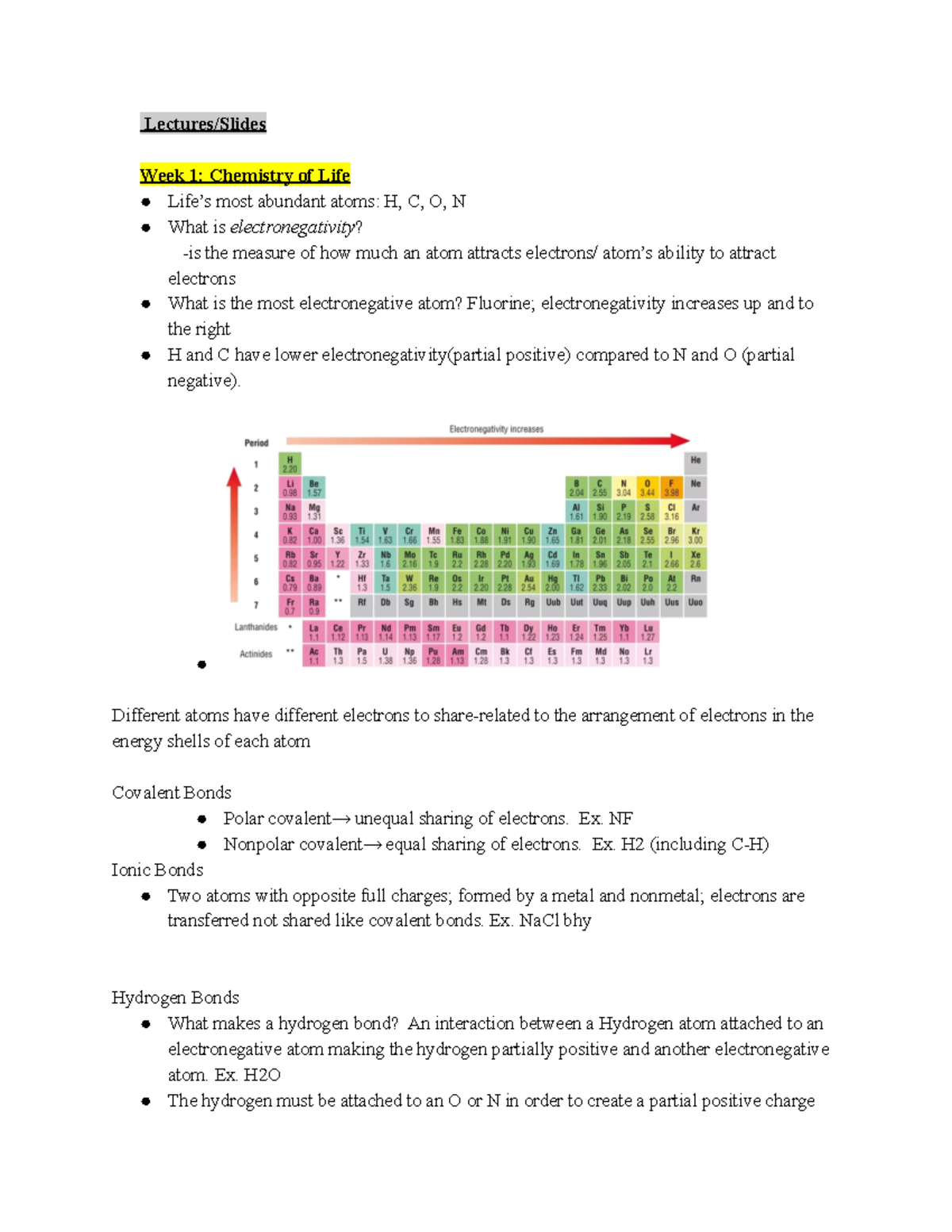 Lecture Notes Week 1 Chemistry of Life - Studocu
