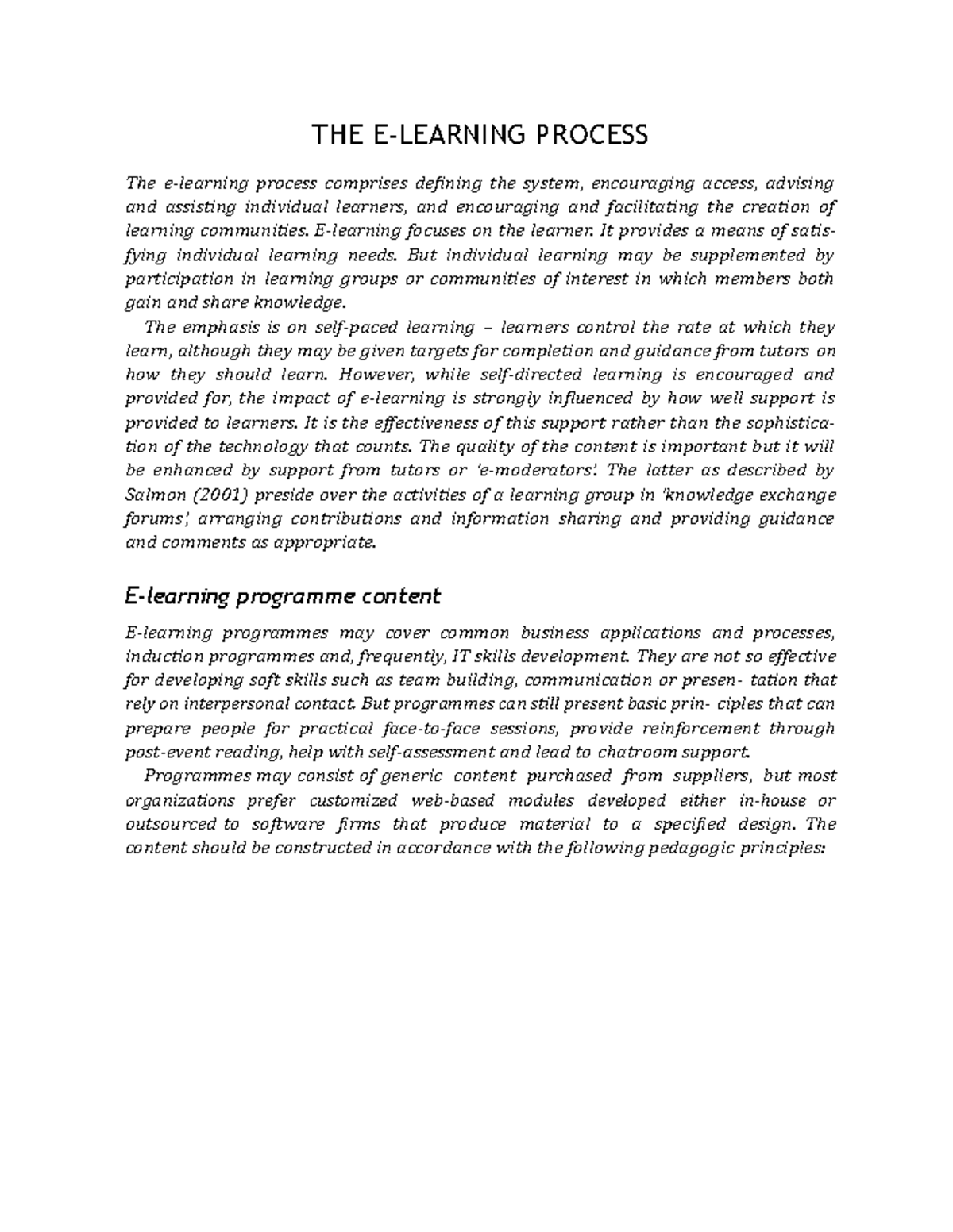 The E Learning Process The E Learning Process The E Learning Process Comprises Defining The