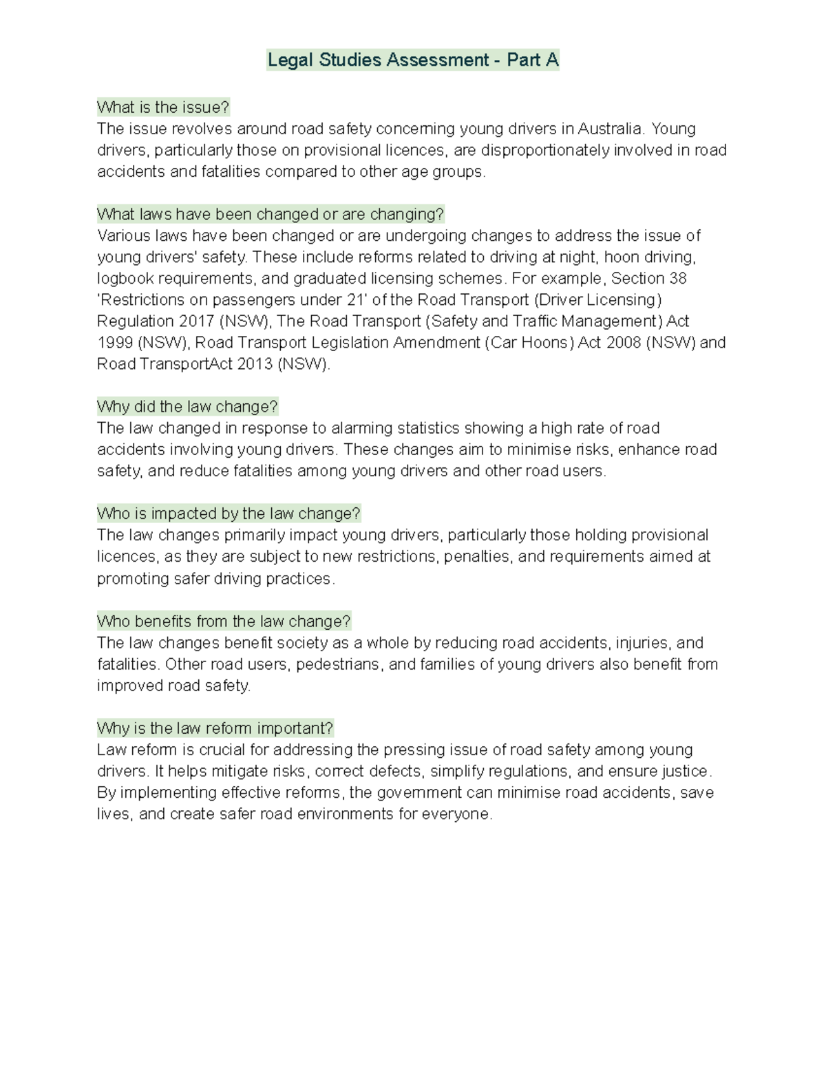 Law reform - Google Docs - Legal Studies Assessment - Part A What is ...