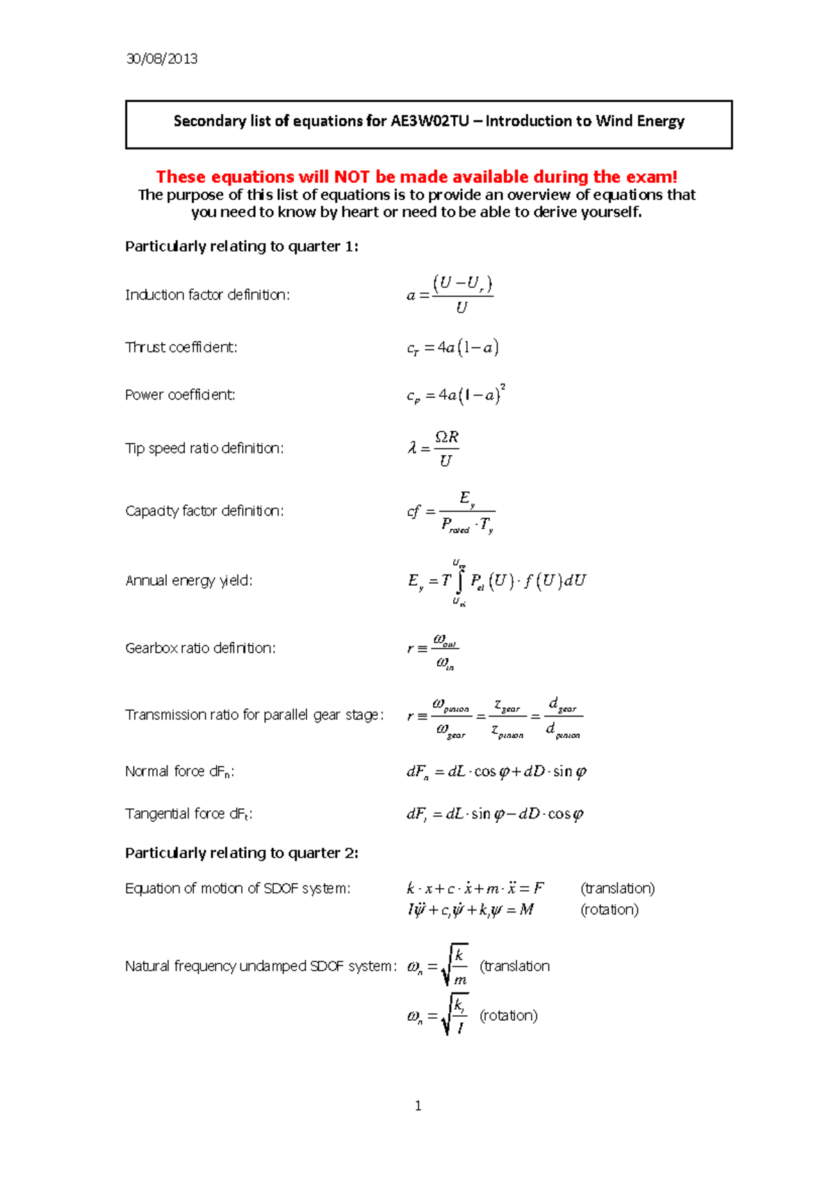 Wind Energy Equations - 30/08/ 1 Secondary list of equations for ...