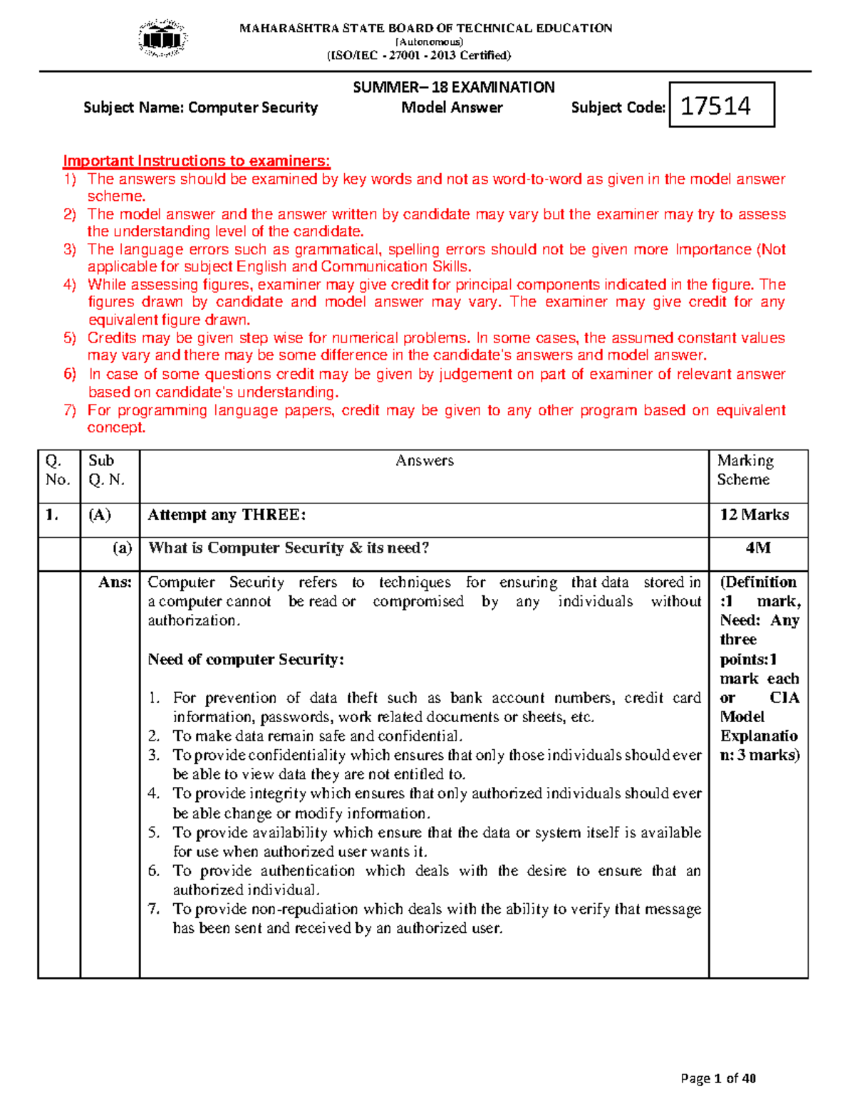 NIS S-18 Model Answer Paper - (Autonomous) (ISO/IEC - 27001 - 2013 ...